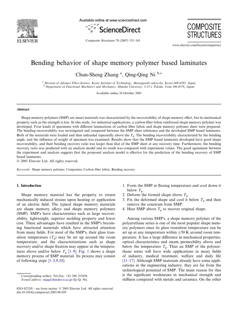 Bending Behavior Of Shape Memory Polymer Based Laminates Pdf Composite Material Shape