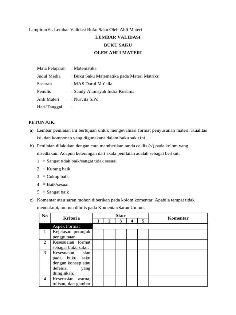 Lembar Validasi Materi Pak Geng | PDF