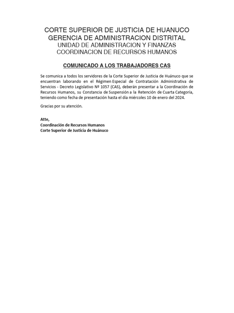Comunicado A Los Trabajadores Cas | PDF