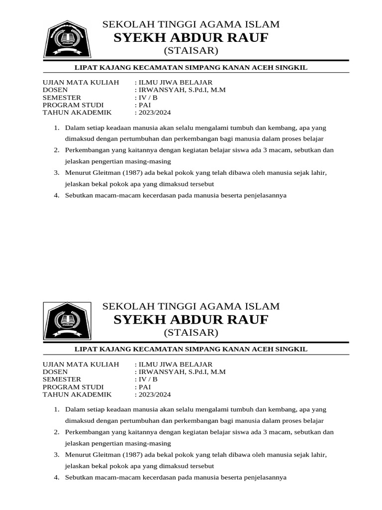 Syekh Abdur Rauf: Sekolah Tinggi Agama Islam (Staisar) | PDF