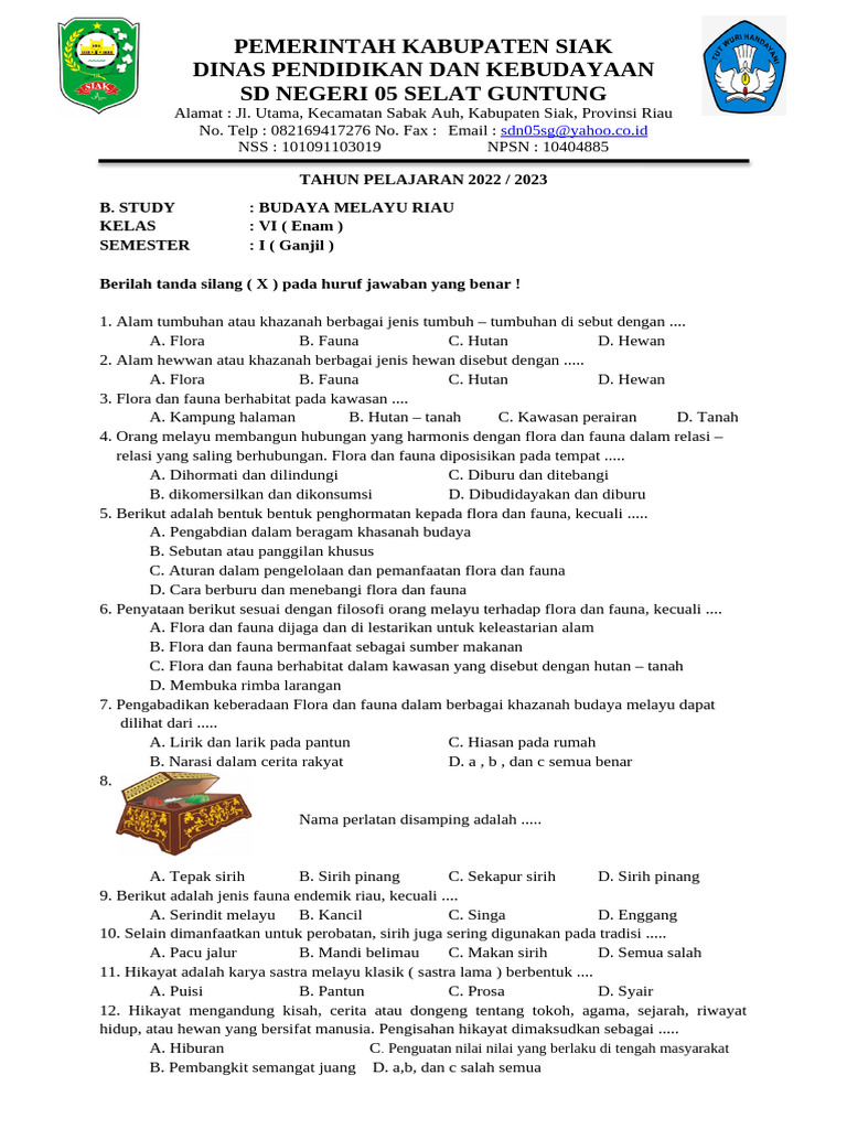 Soal BMR Sem Ganjil Kelas 6 | PDF