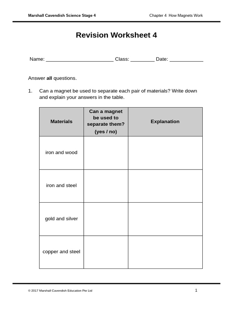 MC Science - Revision WS - Stage 4 - C04 | PDF | Magnet | Electromagnetism