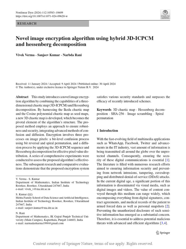 Novel Image Encryption Algorithm Using Hybrid 3D-I | PDF | Chaos Theory | Encryption