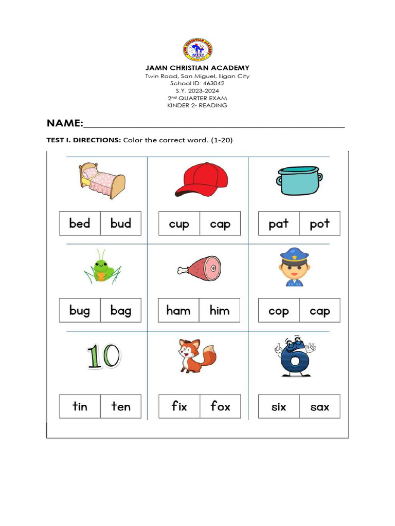 Kinder 2 Reading & Writing Exam | PDF
