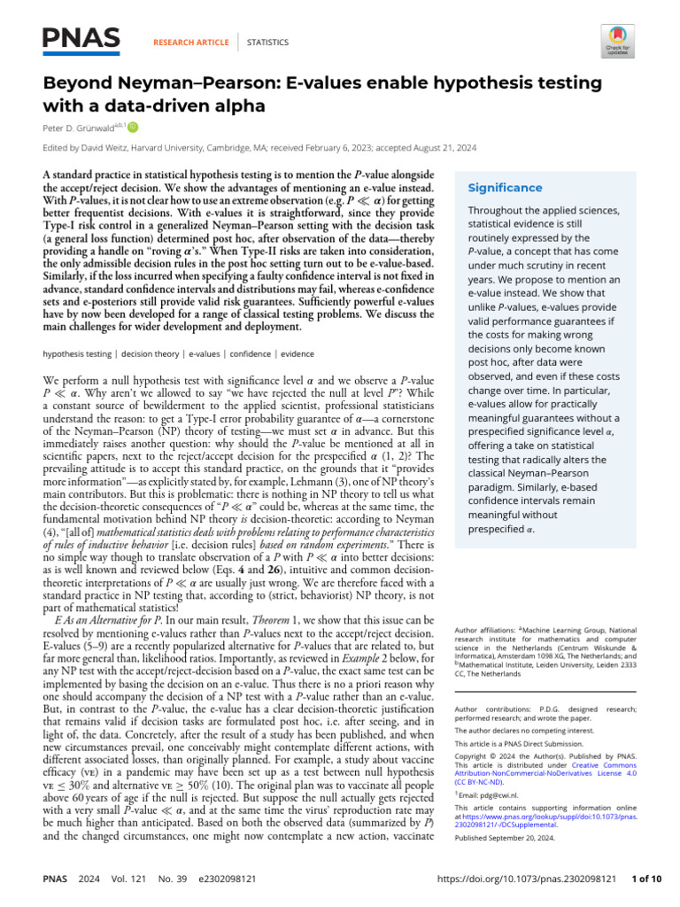 Grünwald 2024 Beyond Neyman Pearson e Values Enable Hypothesis | PDF | P Value | Statistical ...