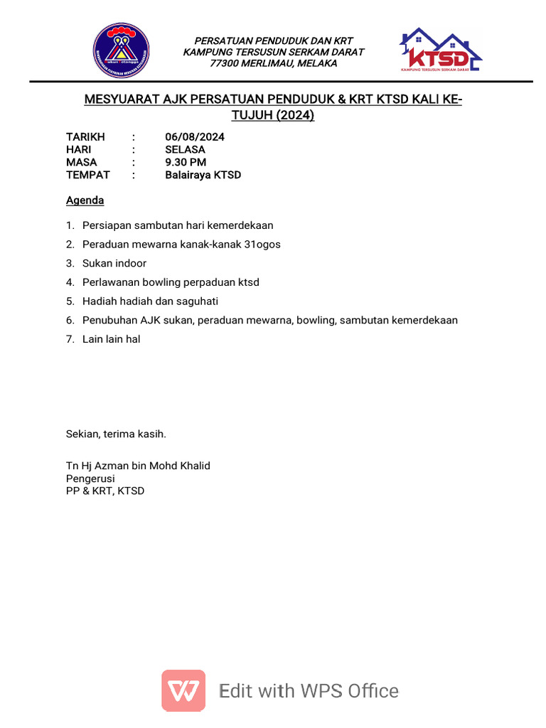 Notis Mesyuarat KRT Kali-7 | PDF