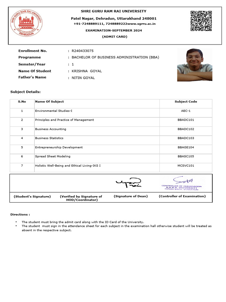 SGRR Admit Card External Examination | PDF
