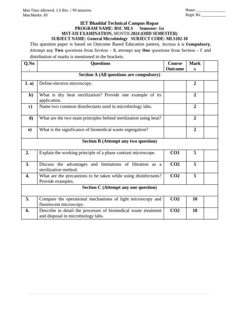2 MST Question Paper Bmls | PDF | Microscope | Electron Microscope