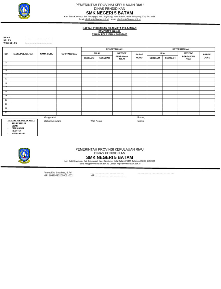 Daftar Perbaikan Nilai SMK 5 Batam | PDF