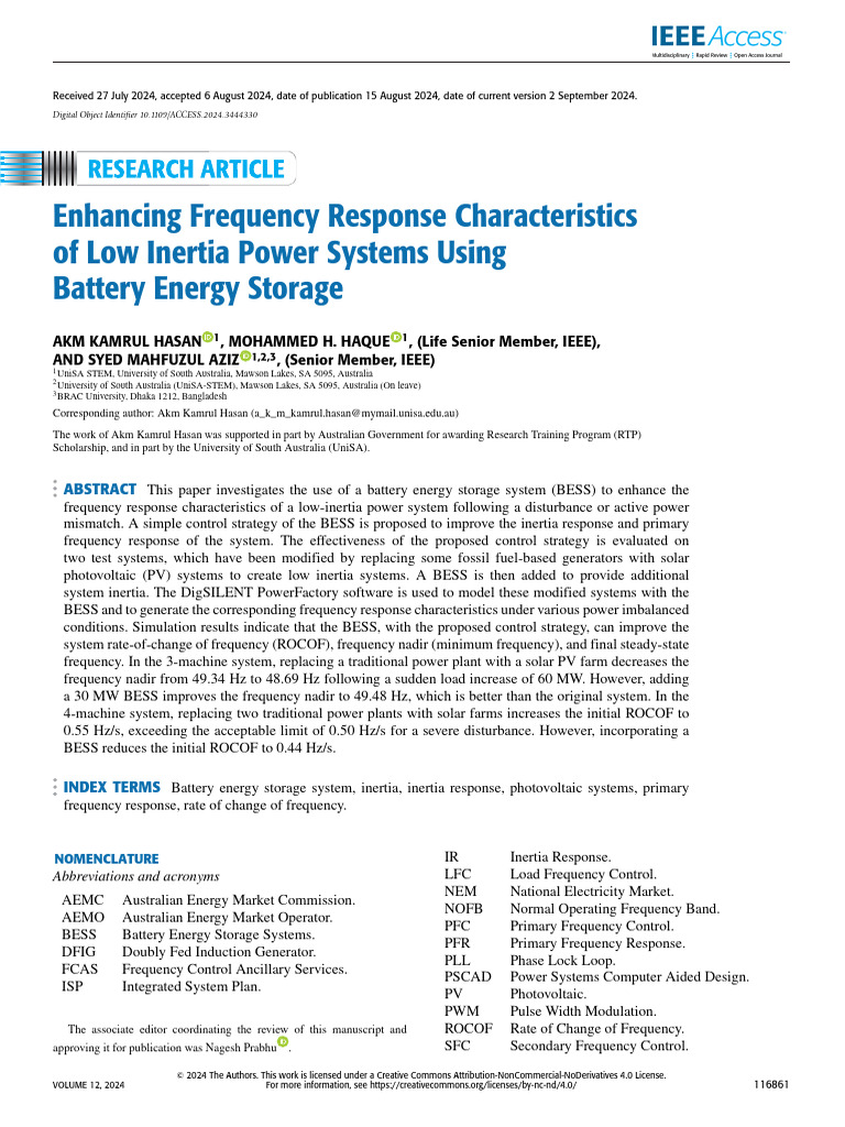 Enhancing Frequency Response Characteristics of Low Inertia Power Systems Using Battery Energy ...