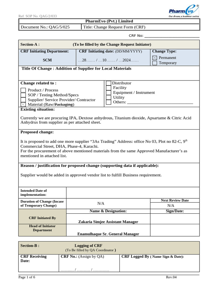 Change Request Form for Supplier Addition | PDF | Verification And ...