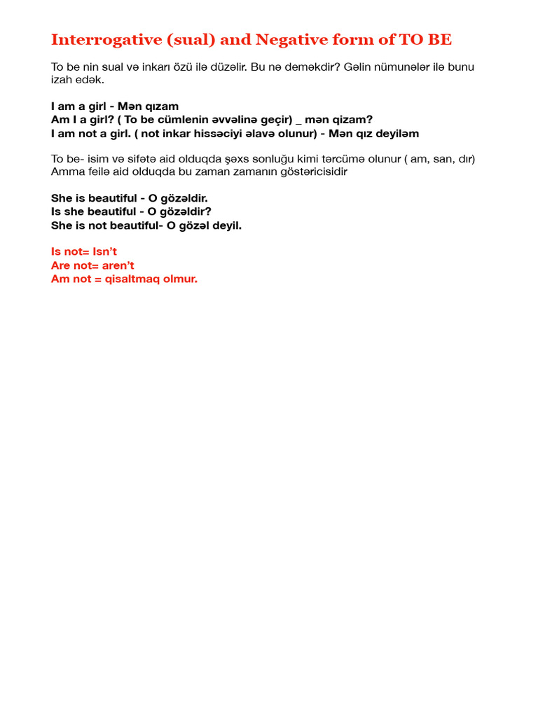 To Be (Negative and Interrogative) | PDF
