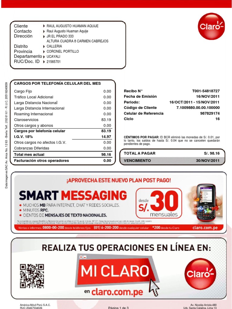 Recibo de Teléfono Claro - Noviembre 2011 | PDF