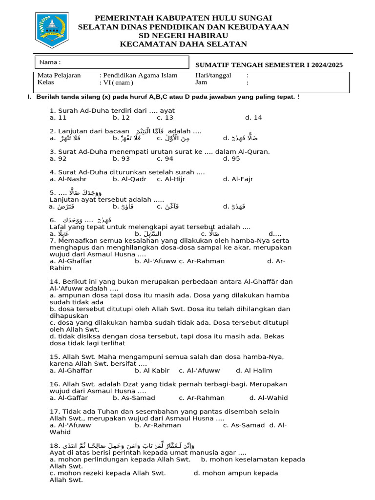 SOAL PAI KELAS 5 STS 1 by - MAHRAN | PDF