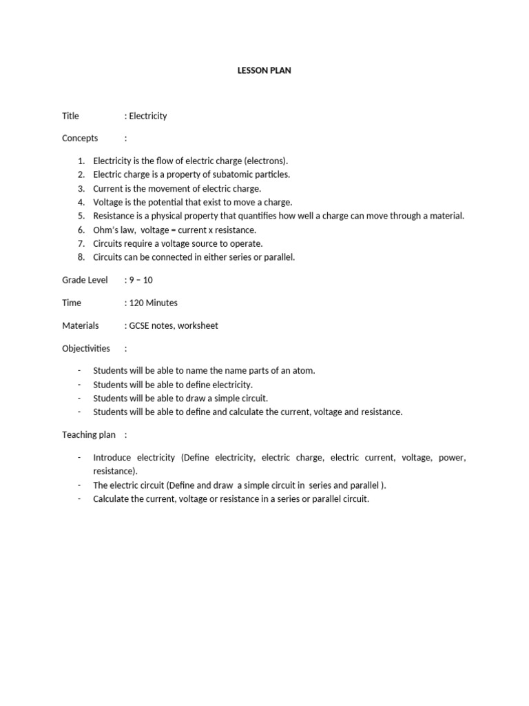 Lesson Plan (Electricity) | PDF