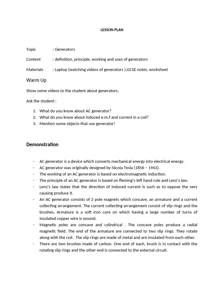 Lesson Plan (Generators) | PDF