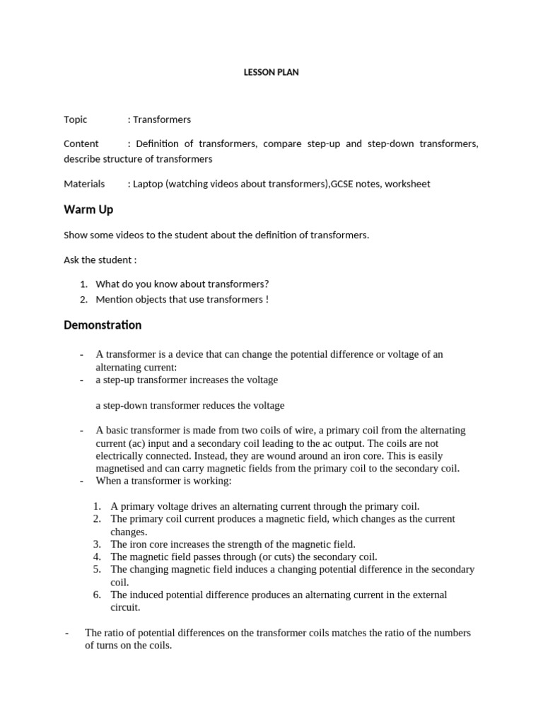 LESSON PLAN (Magnetism - Transformer) | PDF | Transformer | Inductor