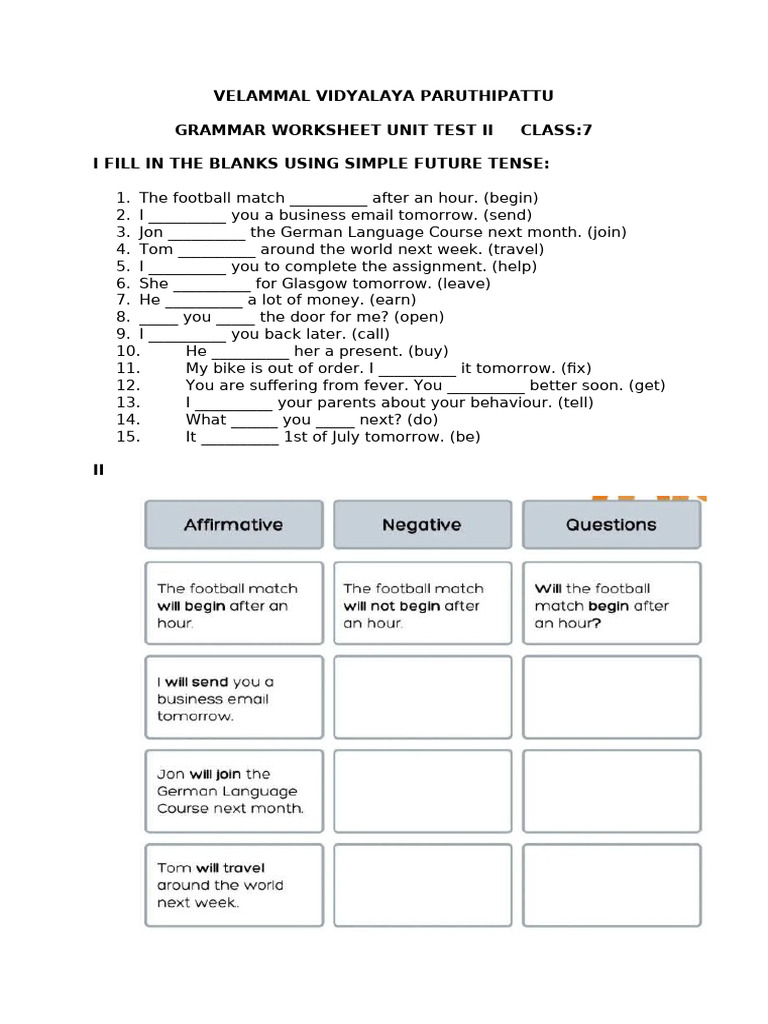 Class 7 Grammar Worksheet: Future Tenses | PDF