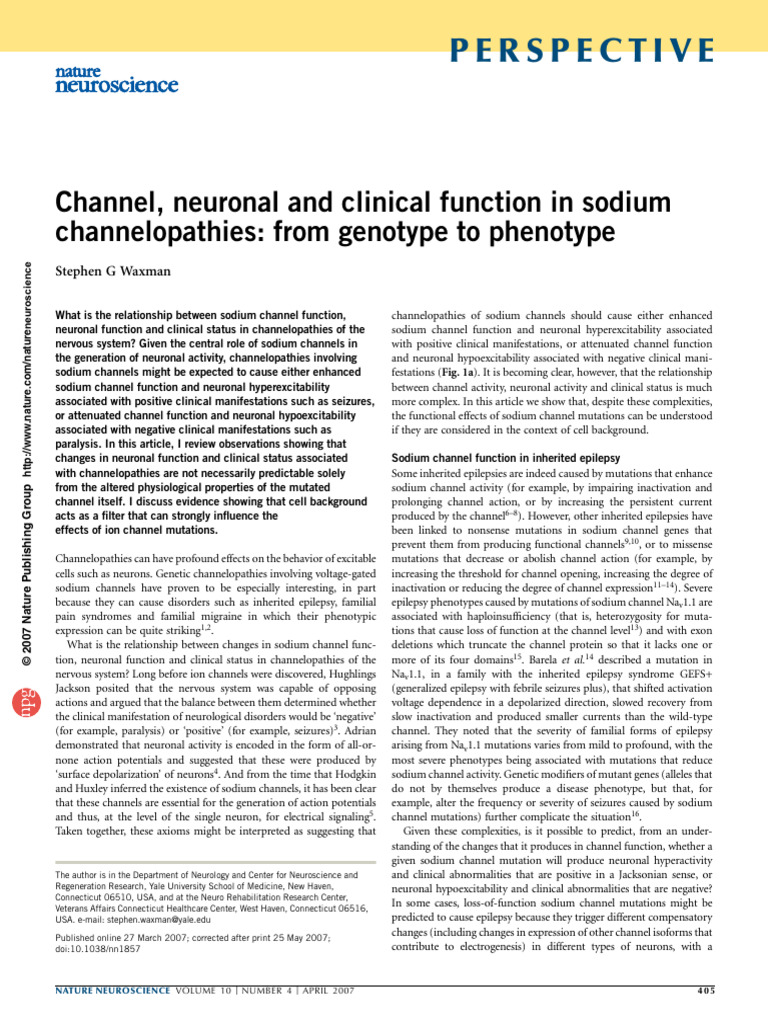 Channel Neuronal and Clinical Function in Sodium Channelopathies | PDF ...