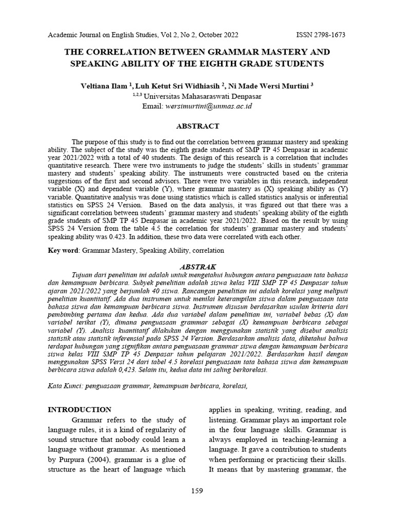 The Correlation Between Grammar Mastery and Speaking Ability of The ...