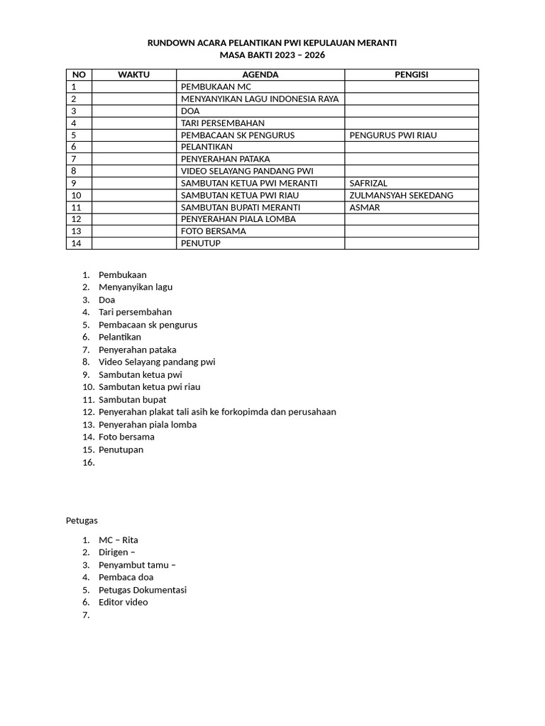 Rundown Acara Pelantikan Pwi Kepulauan Meranti | PDF