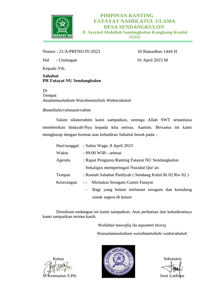 Undangan Rapat Fatayat NU Sendangkulon | PDF