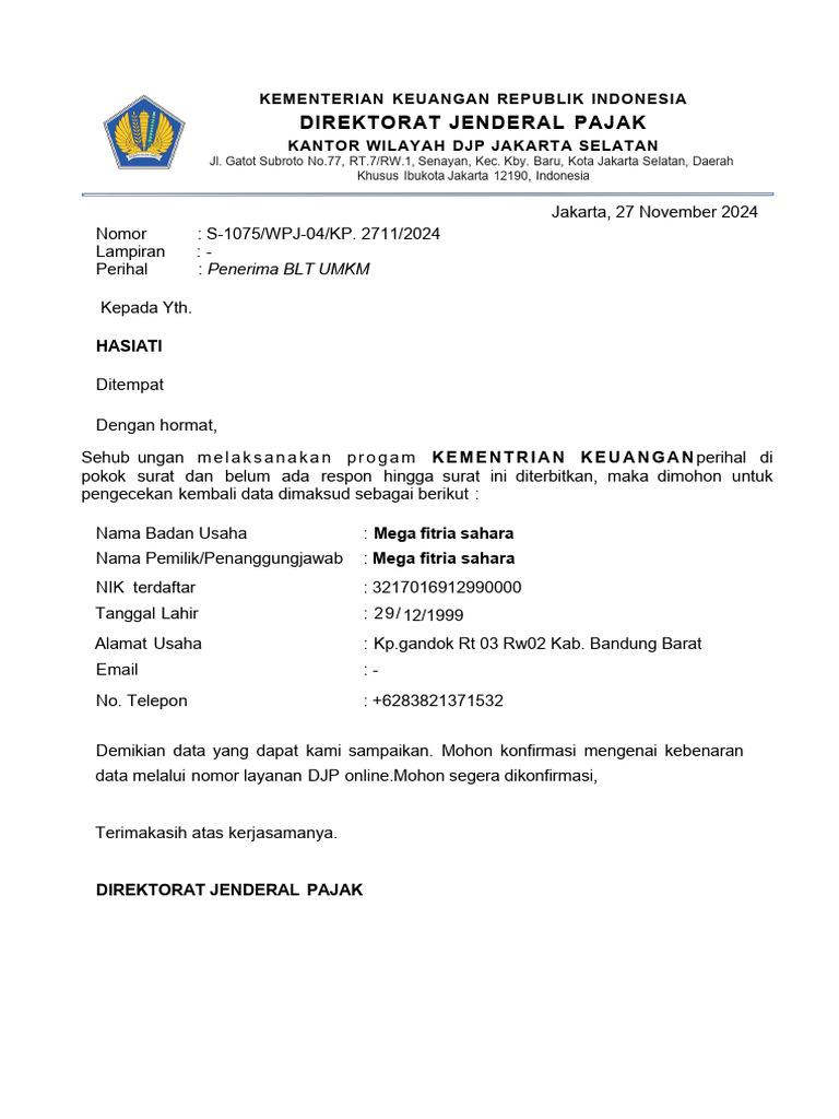 Konfirmasi Data Penerima BLT UMKM | PDF