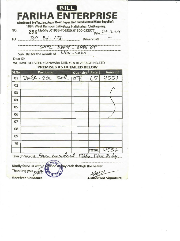 Mineral Water Bill. November-2024 | PDF