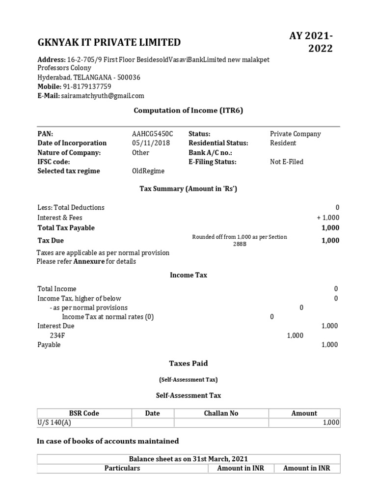 GKNYAK IT Pvt Ltd Income Tax Summary 2021 | PDF | Taxes | Income Tax