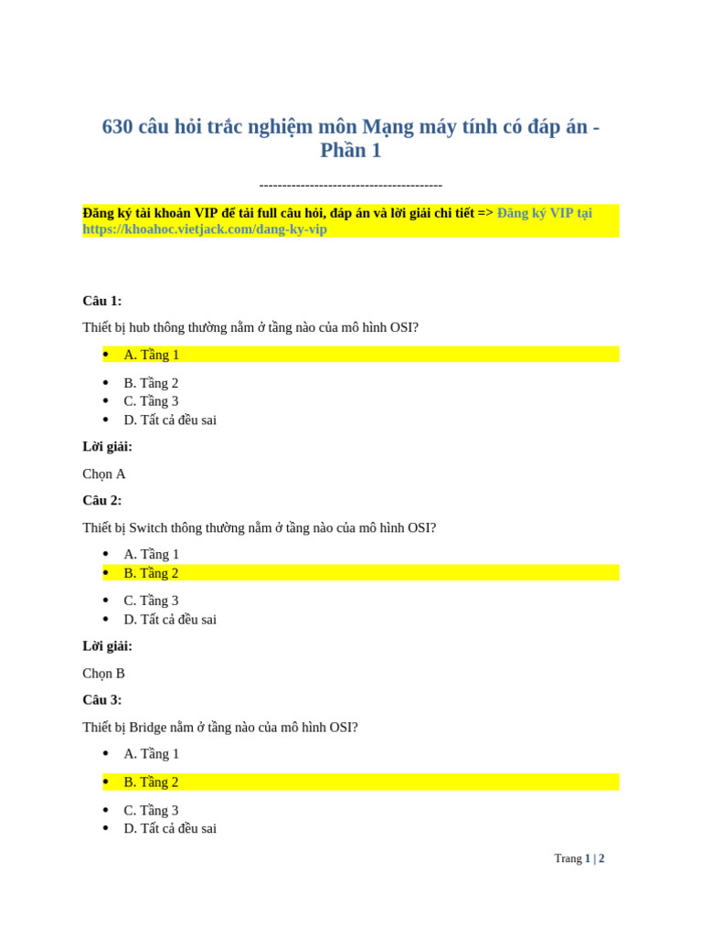 630 Cau Hoi Trac Nghiem Mon Mang May Tinh Co Dap An Phan 1 - 2024 - 11 - 27 | PDF