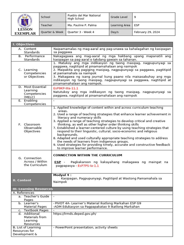 Co3-Q3-Dlp-Esp-9-W4-Indikasyon NG Taong Masipag | PDF