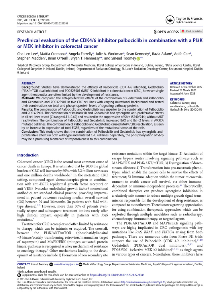 Preclinical Evaluation of The CDK4:6 Inhibitor Palbociclib in Combination With A PI3K or MEK ...