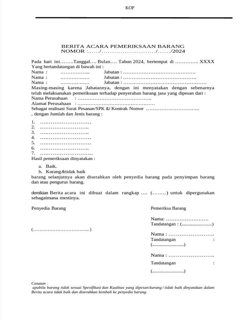 Berita Acara Pemeriksaan Barang | PDF
