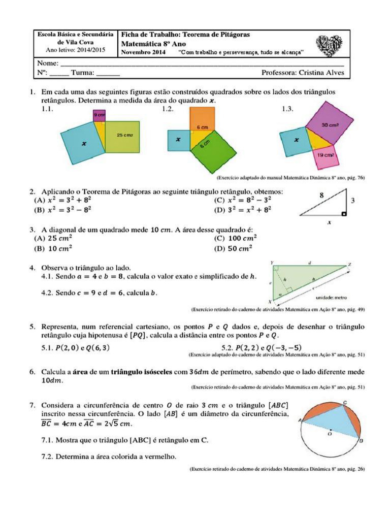 Ficha de Teorema de Pitágoras | PDF | Triângulo | Círculo