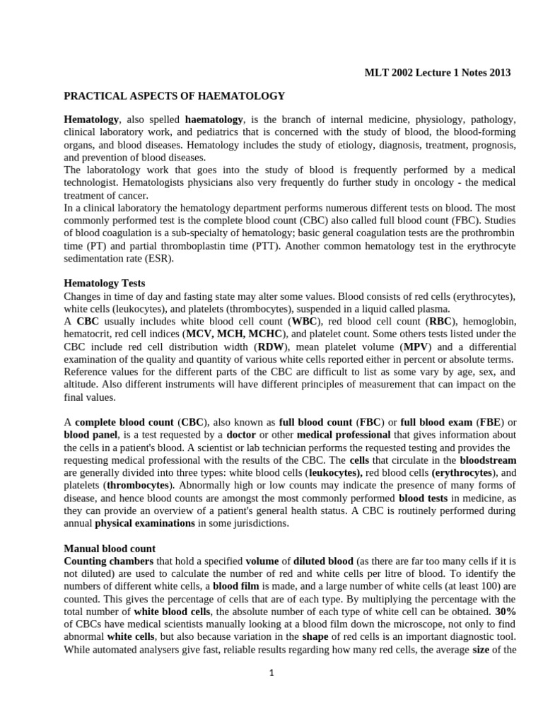 MLT 2002 Lecrure Notes | PDF | Staining | Anemia