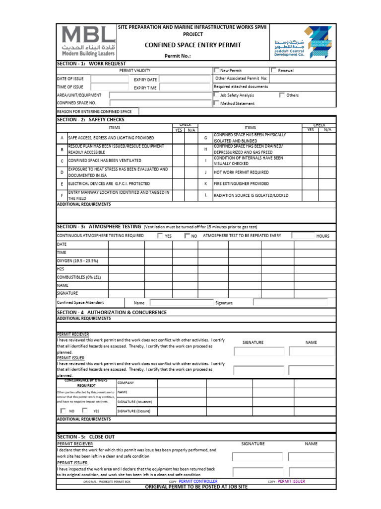 Confined Space Entry Permit | PDF | Occupational Safety And Health | Safety