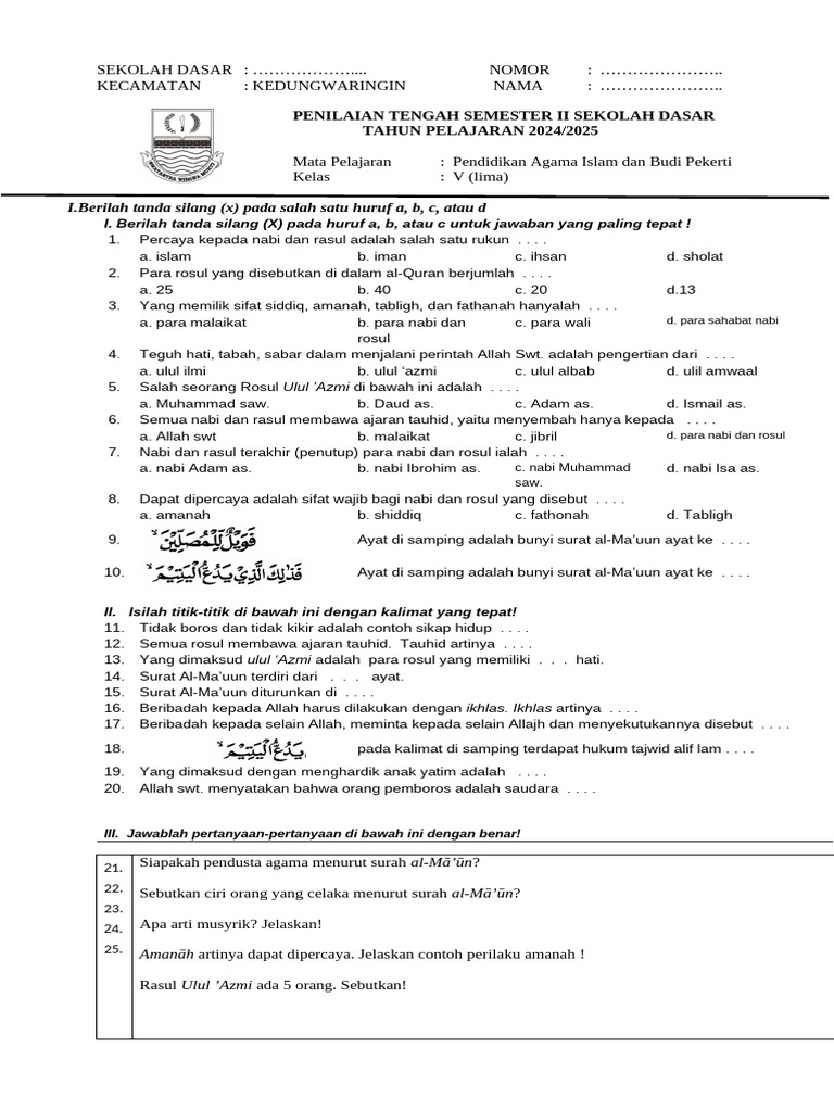 Soal Pas Pai Kls 5 Sem 1 | PDF
