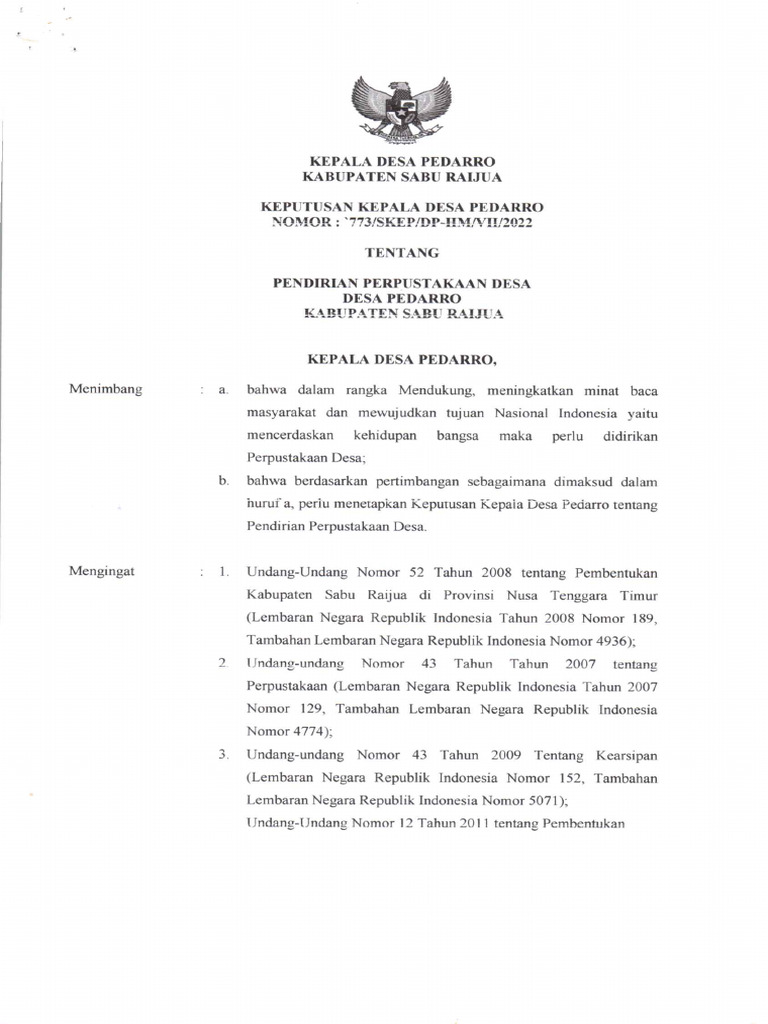 SK Pembentukan Perpustakaan Desa Pedarro | PDF