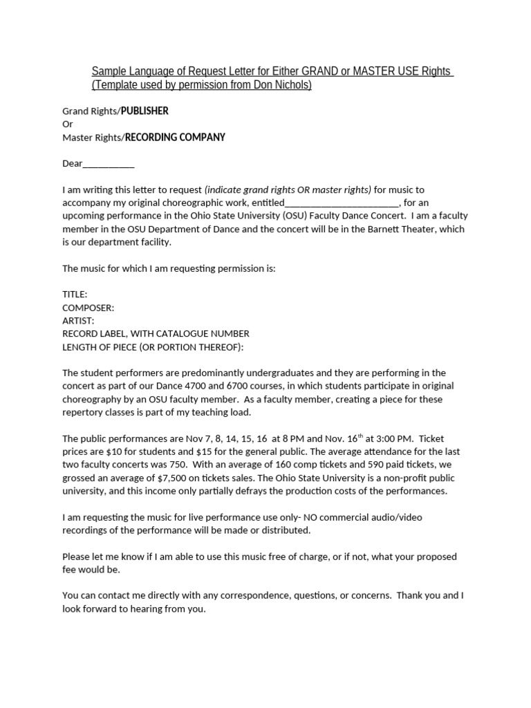 Music Permission Request Letter Template | PDF
