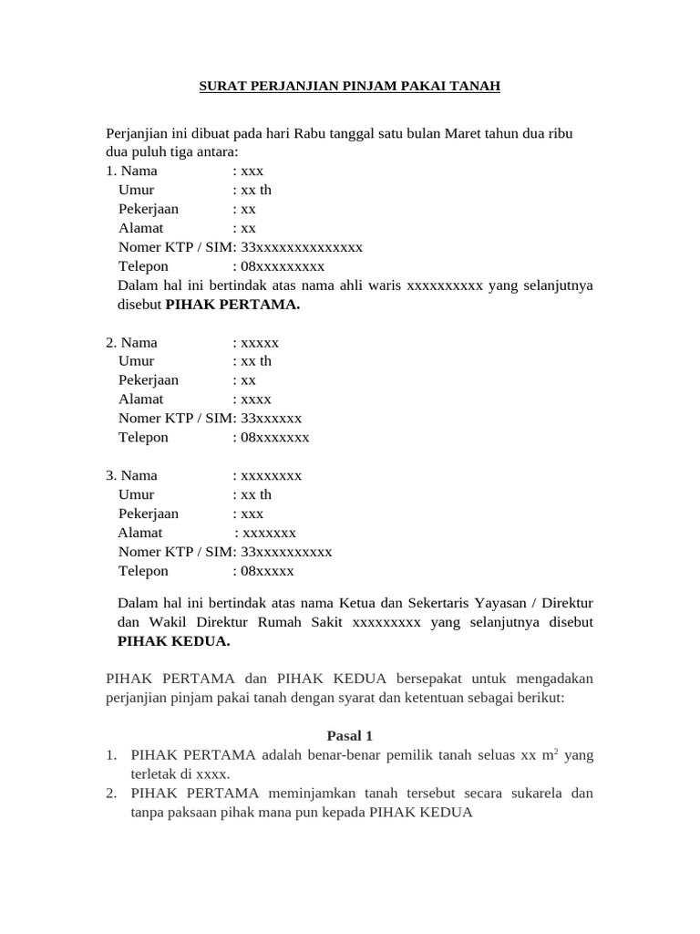 Draft Surat Perjanjian Pinjam Pakai Tanah-1 | PDF