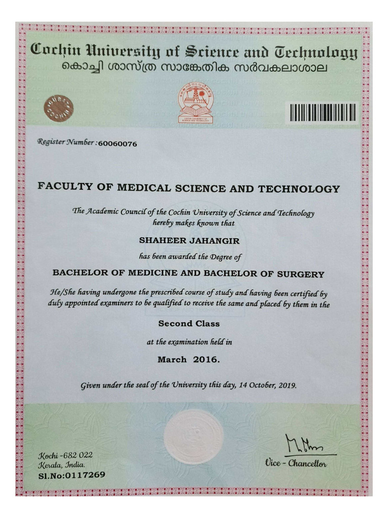 Cusat Mbbs Degree Certificate | PDF