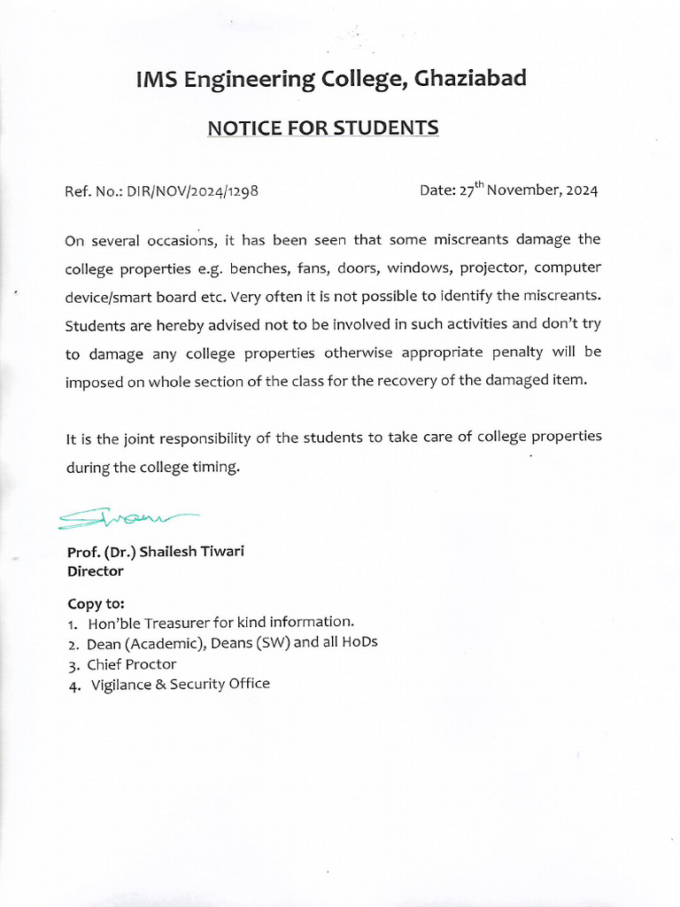 Notice-1298 Reg Doing Property Damage of The College | PDF