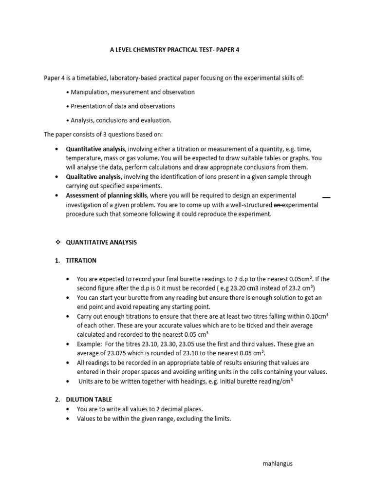 A Level Chemistry Practical Test Guide | PDF | Precipitation (Chemistry ...