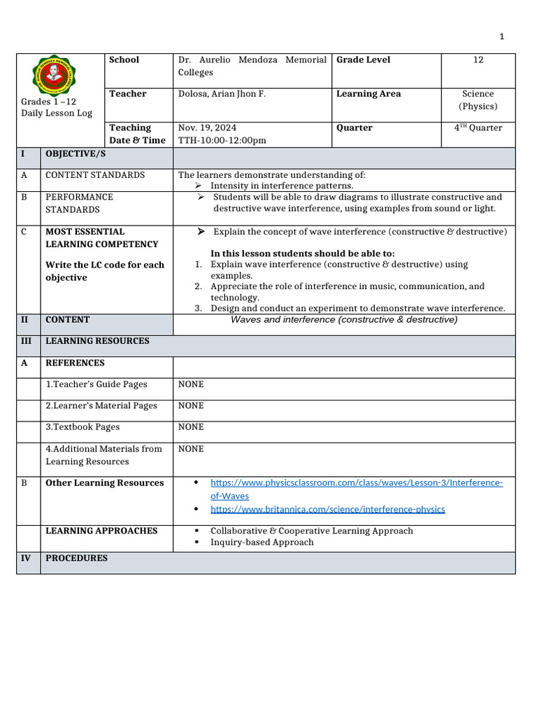 Interference Lesson Plan by Dolosa | PDF | Waves | Physical Phenomena