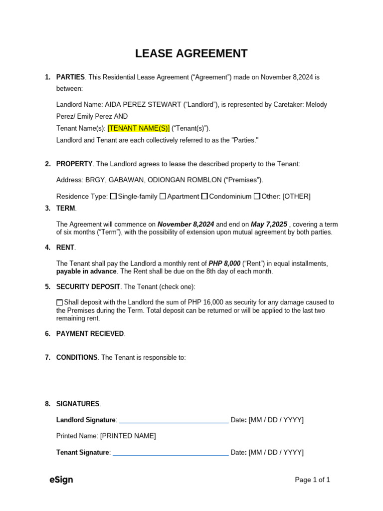 Simple 1 Page Residential Lease Agreement | PDF