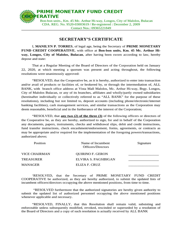 Secretary Certificate Allbank | PDF | Banks | Business