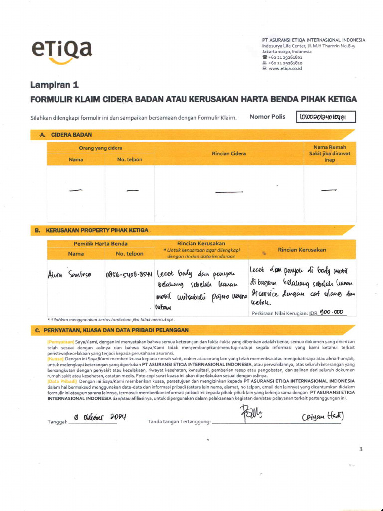 Form Claim TPL Etiqa | PDF