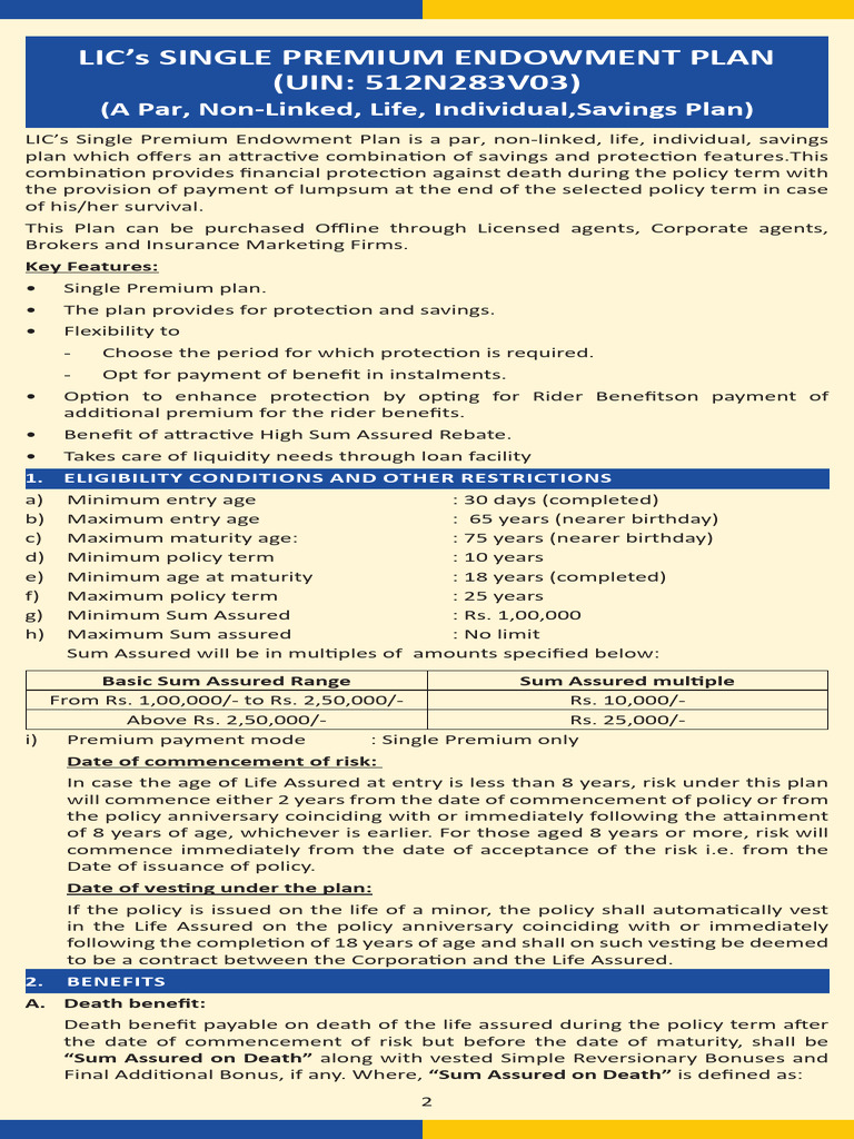 LIC - Single Premium Endowment Plan - Sales Brochure - 4 Inch X 9 Inch - Eng | PDF | Insurance ...