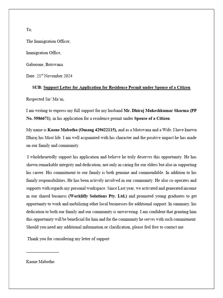 Support Letter for Residence Permit Application | PDF