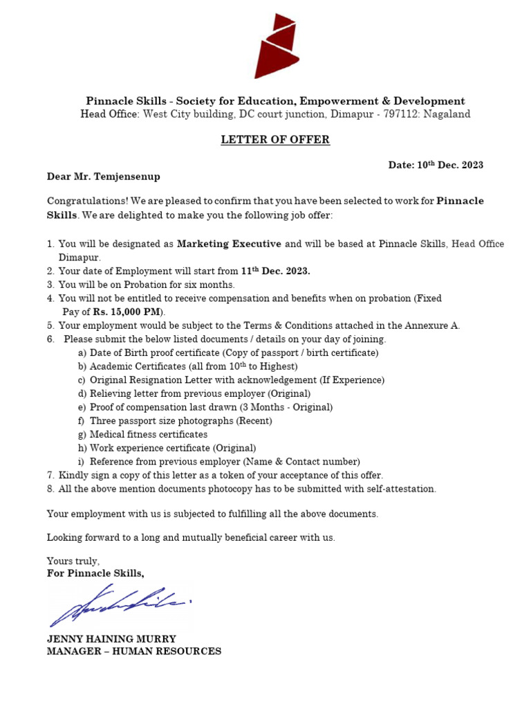 Marketing Executive Job Offer | PDF